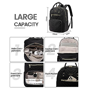 LOVEVOOK Quilted Laptop Backpack for Women, Large Capacity Travel Backpack with Luggage Strap, Stylish Women Backpack with USB Port, Waterproof Anti-Theft Work Backpack for Business Casual Black