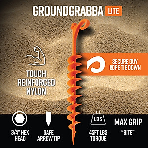 GROUNDGRABBA Lite Orange Tent Stakes - Tent Stakes for Sand | Screw in Earth Ground Anchors for Maximum Grip and Longevity in Soft Surfaces - 2 Pack