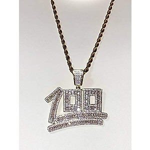 100 PERCENT EMOJI Money Custom Pendant Iced Out Diamond cz Necklace Men Women 925 Italy Gold Finish Iced Silver Charm Ice Out Pendant Stainless Steel Real 3 mm Rope Chain, Rope Necklace (20)