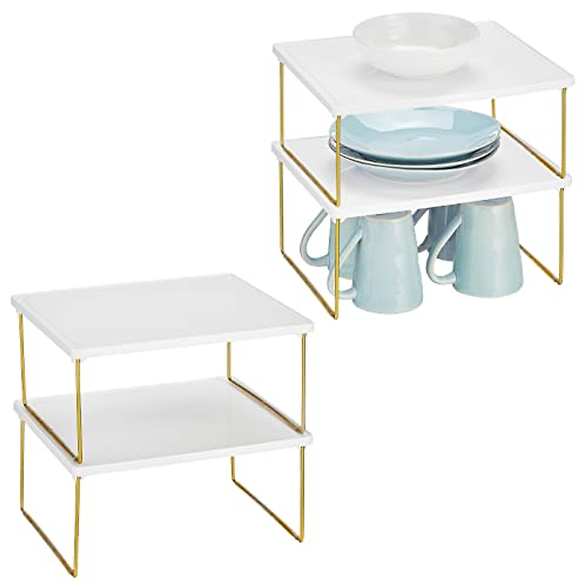 mDesign Metal Stacking Storage Organization for Shelves Inside Cabinet in Kitchen, Pantry, Cupboard, Fridge/Freezer, Organizer Stand for Plates, Bowls, Mugs, Ligne Collection, 4 Pack, White/Soft Brass
