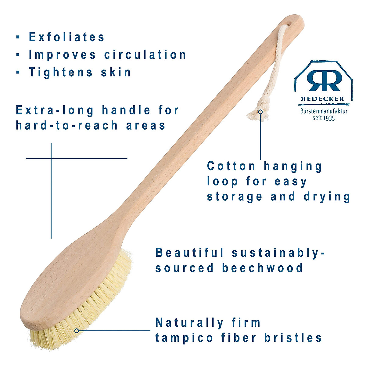 REDECKER Tampico Fiber Bath Brush with Oiled Beechwood Handle, 19-5/8-Inches - Bath Brush Long Handle for Shower - Body Brush with Natural Horse Hair, Made in Germany