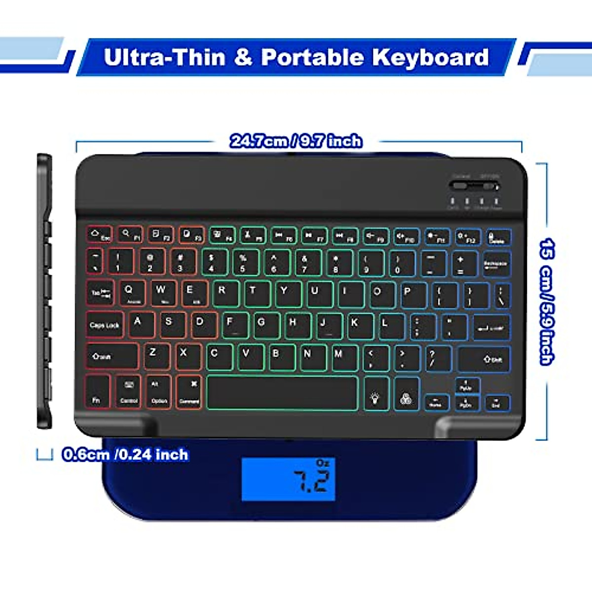 Ultra-Slim Wireless Bluetooth Keyboard, Upgrade 7 Colors Rainbow Backlit Rechargeable Keyboard, Universal Mini Portable Keyboard for iPad Mac Samsung Tablets Phones Computer Laptops PC, Black