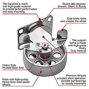 4 All Steel Swivel Plate Caster Wheels w Brake Lock Heavy Duty High-gauge Steel Gray (3" With Brake)