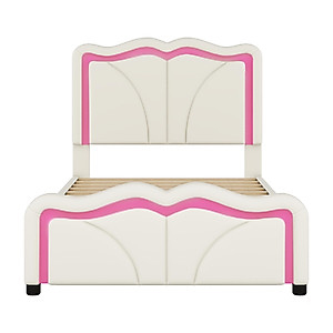 MERITLINE Twin Size Bed with Height-Adjustbale Headboard & LED Light Strips, Upholstered Twin Platform Bed Frame for Bedroom, White