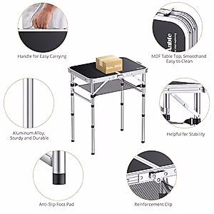 Anbte Folding Camping Table, Aluminum 24" x 16" Adjustable Height Small folding table with Carrying Handle, Lightweight, Portable Camping Table Waterproof for Outdoor Indoor Picnic Beach BBQ (Black)