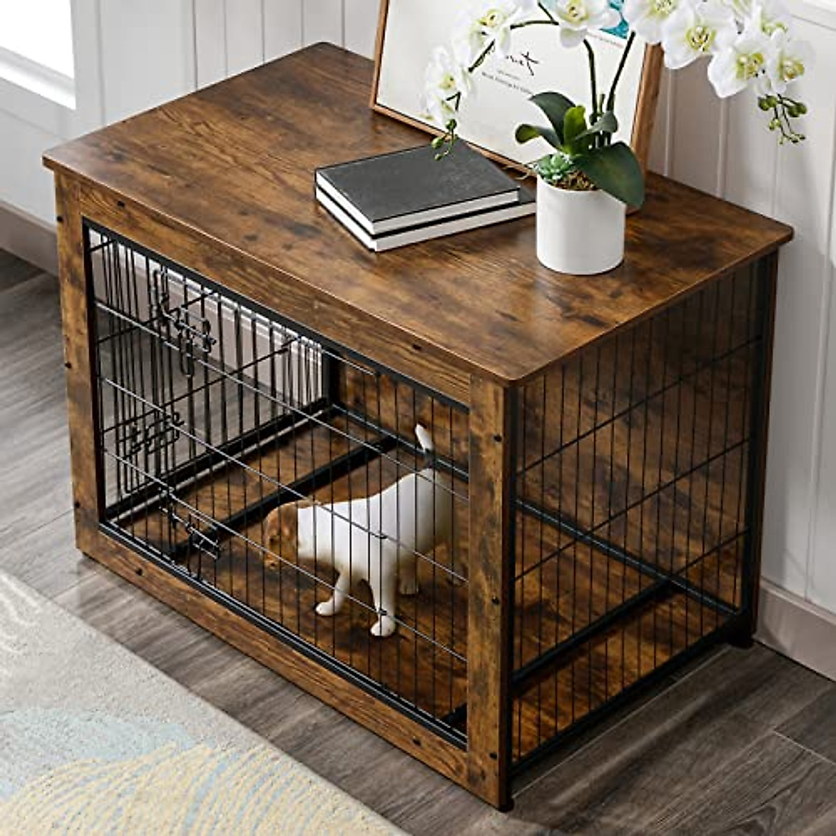 TABU Dog Crate Furniture, Wooden Dog Furniture End Table, Indoor Dog Kennel with Multi-Purpose Removable Tray, Double Door Dog Cage for Small/Medium Dogs,Rustic Brown,38" L
