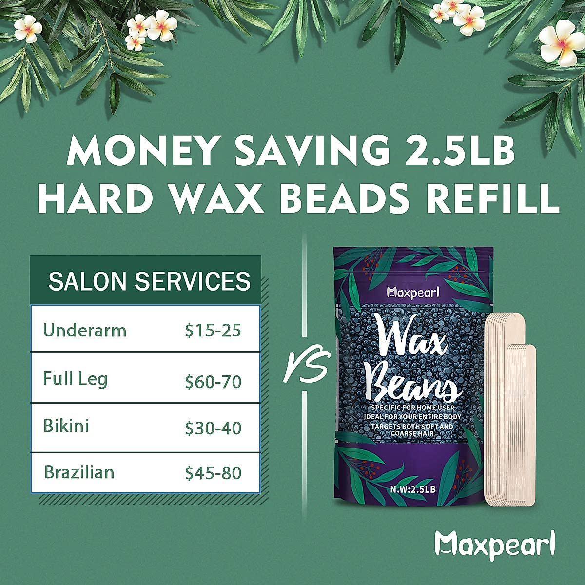 Maxpearl Wax Beads for Hair Removal, 2.5lb Hard Wax Beans Refill Bag for Brazilian Bikini, Face, Eyebrows, Underarms, Arms, Chest, Back, Legs, Coarse Body Hair Specific