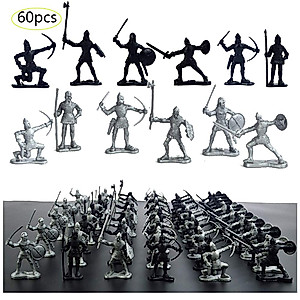 Odowalker 60 Pieces Ancient Soldier Figures Toy Middle Ages Army Infantry Archer Warriors Sword and Shield Swordman Archaic Soldiers Medieval Soldiers Model Military Figures Toy Sliver Black