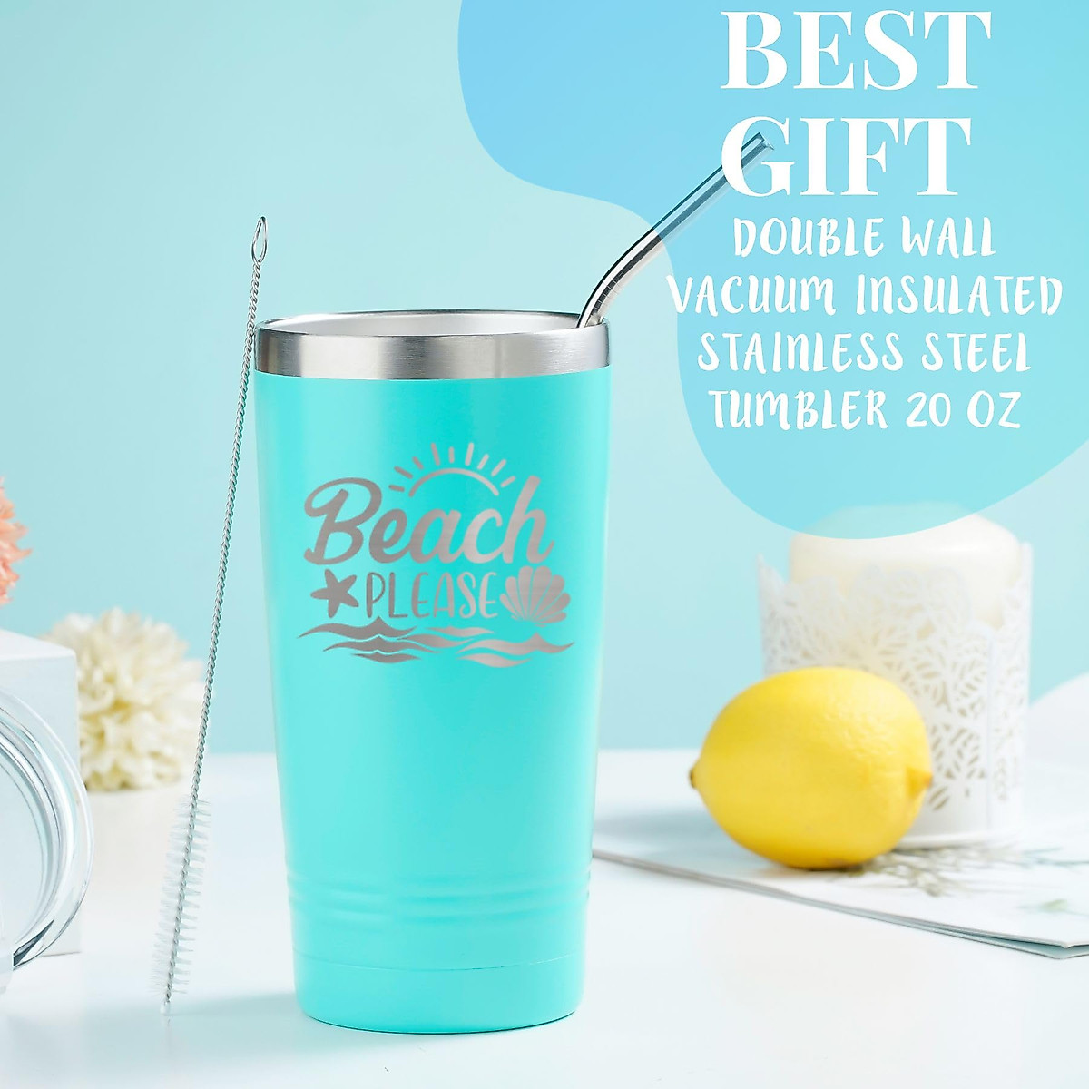Onebttl Beach Gifts for Women or Men, 20oz Vacuum Insulated Stainless Steel Travel Tumbler with Lid, Beach Themed Gifts, Gifts for Beach Lovers, Blue (Beach Please)