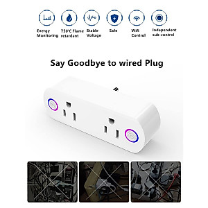 Smart Plug Two Socket with Power Energy Monitoring 16A WiFi Outlet Tuya APP Alexa and Google Home Compatible Wireless Remote Control 2.4GHz Wi Fi Timer White