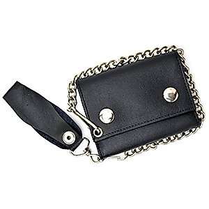 Leatherboss Genuine Leather Men Trifold Biker Chain Wallet Credit Card Holder for Motorcycle Bikers Truckers, Black