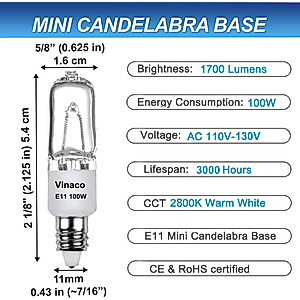 Vinaco E11 Light Bulb, 2 Pack E11 Halogen Bulb 100W Long Lasting Lifespan, T4 E11 Dimmable, High Output 1700LM JDE11 120V 100W with E11 Mini Candelabra Base, 2800K Warm White E11 Bulb
