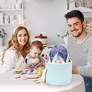 GFU Easter Bunny Basket with 2pcs Stickers,Seersucker Eggs Hunt Bag with Handle for Kids, Pink Children Easter Tote Bags,Rabbit Ears Stripe Bag for Boys and Girls to Carry Candy Gift, Easter Egg