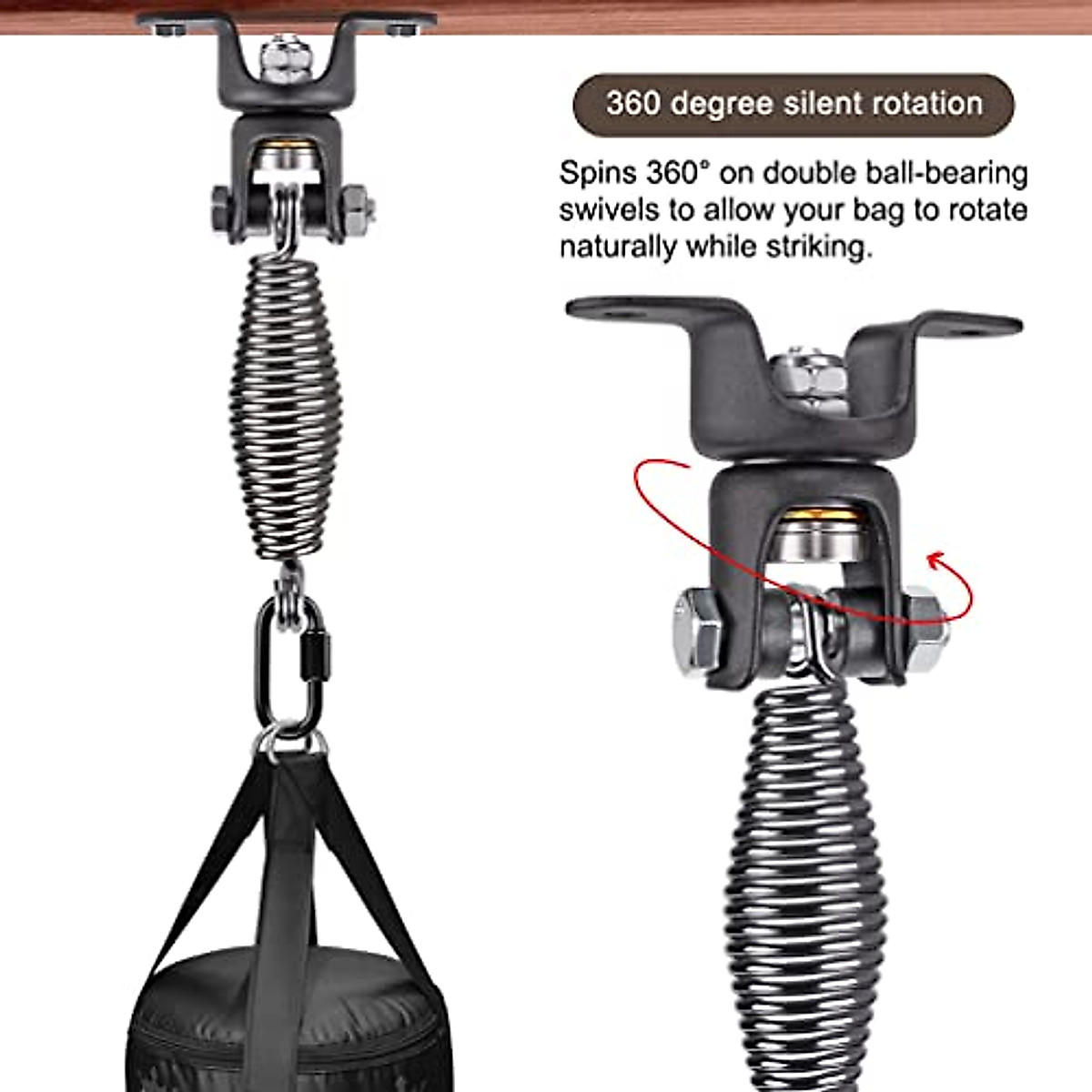 BeneLabel Heavy Duty Boxing Punching Bag Hanger with Spring, 360° Rotation Wood Beam Holder, 2 Wood Screws for Wooden Sets, 1 Carabiner, 1 Comfort Spring