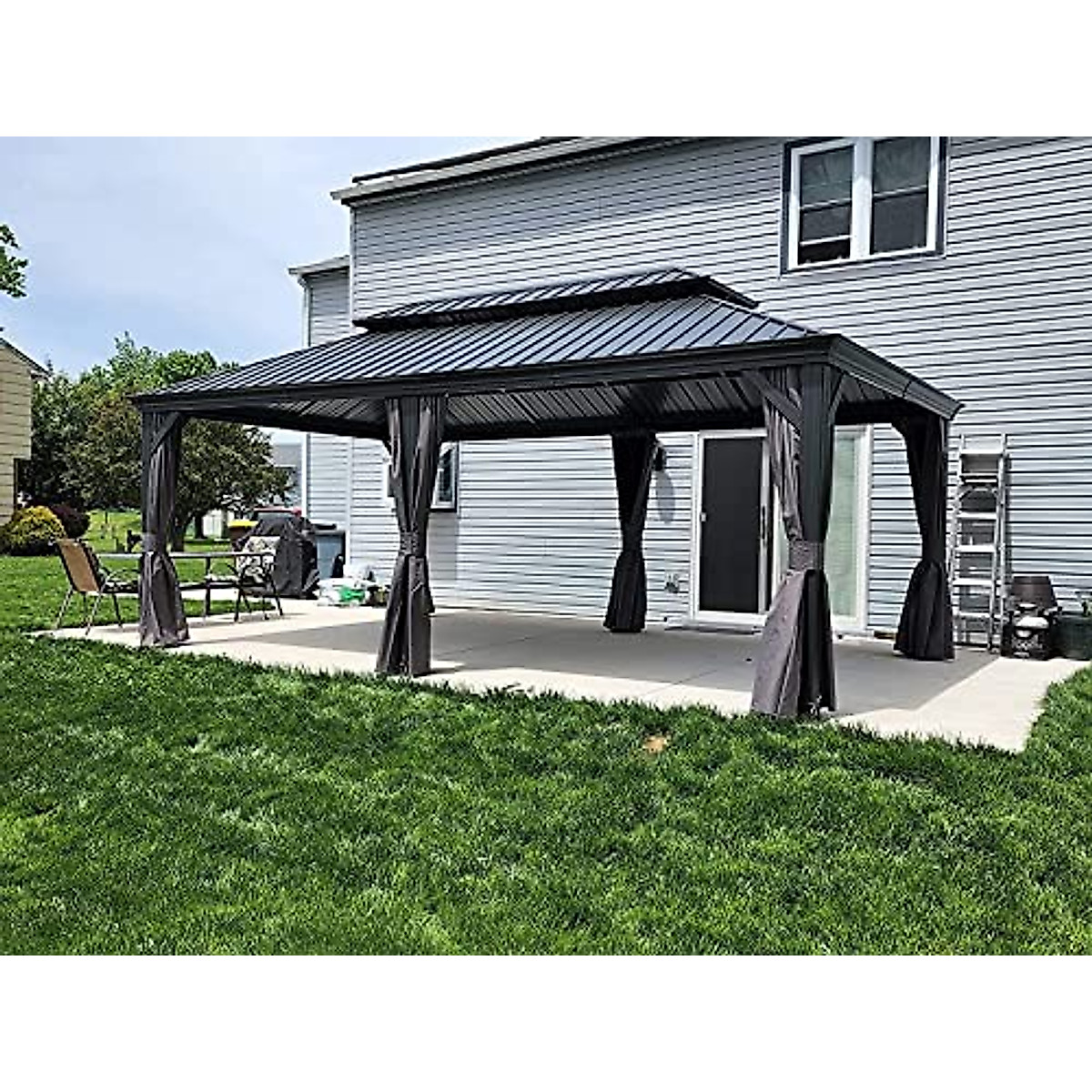 12' x 18' Hardtop Gazebo, Domi Outdoor Aluminum Metal Gazebo with Curtains and Netting, Galvanized Steel Double Canopy for Patios, Deck, Backyard