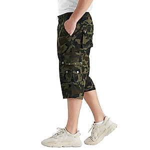 BEST SOUTH Men's Capri Long Twill Cargo Shorts below Knee 13 Inches Cotton Relaxed Fit Casual Multi-Pocket Army Green Camo 36