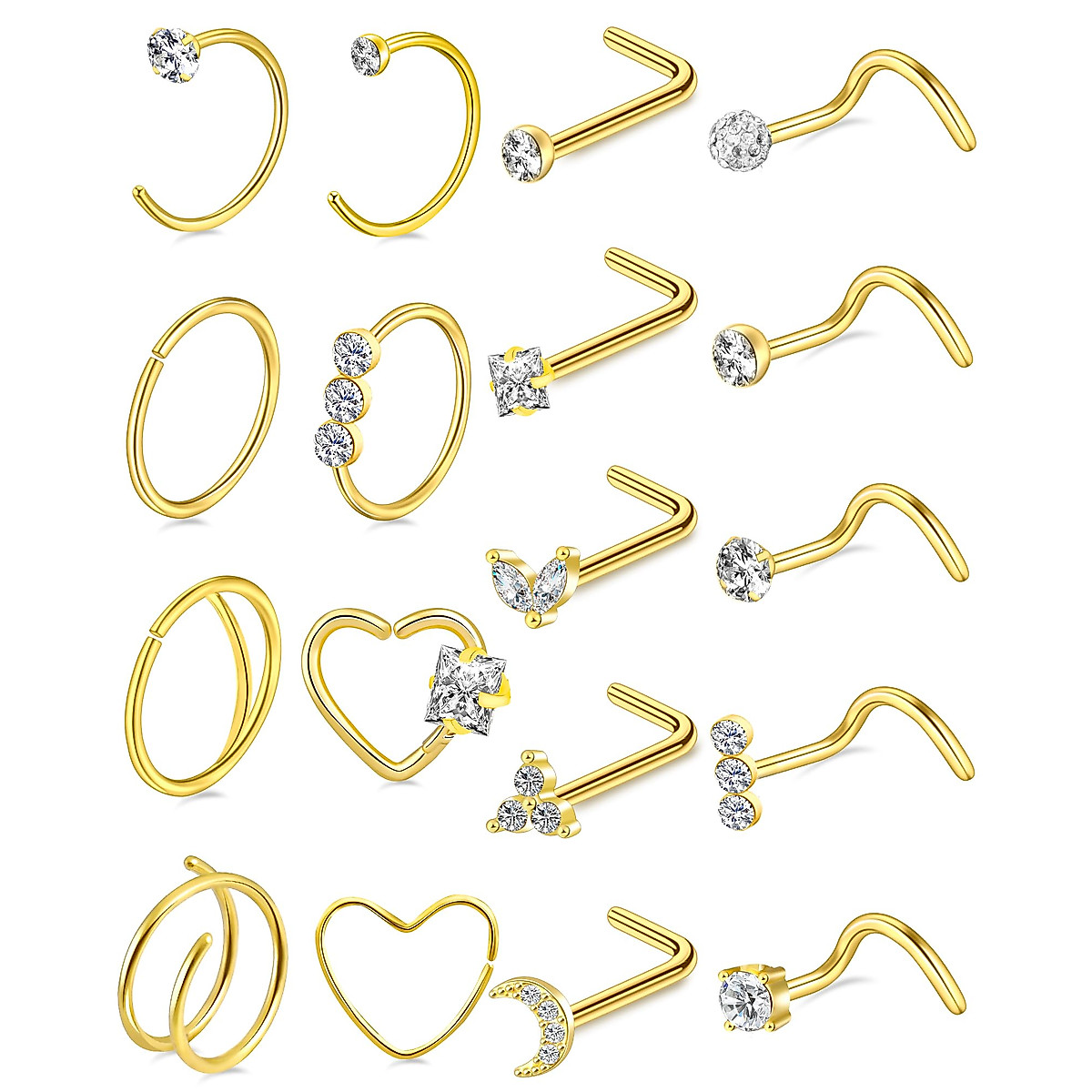 ONESING 18 PCS 20G Gold Nose Rings for Women Surgical Stainless Steel Nose Piercings Jewelry Nose Rings Hoops L Shape Nose Studs Nose Jewelry Screw Helix Earrings for Women Me