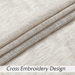 Central Park Linen Waterfall Valance Window Curtain Linen Texture White GEO Embroidery Rod Pocket for Living and Bedroom Semi Sheer Kitchen Curtain, 56"x38", 1 Piece