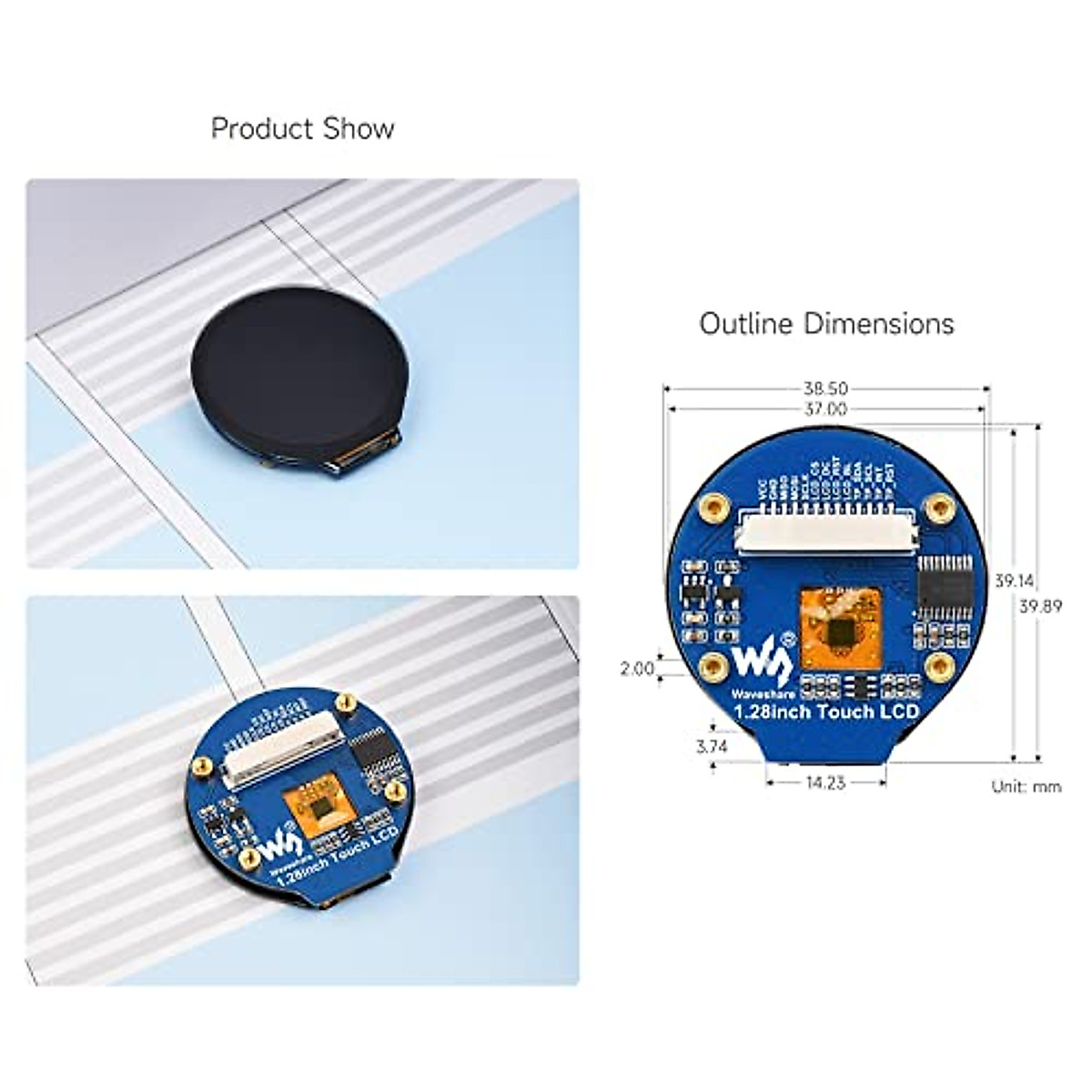 Waveshare 1.28inch Round LCD Display Module with Touch Panel, 240×240 Resolution, IPS, SPI and I2C Communication, Compatible with Raspberry Pi 5/4B/3B/Zero/Zero W/Zero 2W/Pico/Pico W/Pico WH