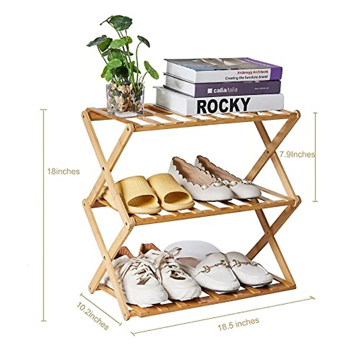 Qmkmyy Foldable Bamboo Shoe Racks 3 Tiers for Entryway Multi Tier Shoe Organizer Rack Multifunctional Storage Free Standing Shelf