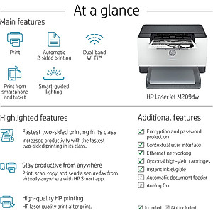 HP Laserjet M209dw Single-Function Wireless Monochrome Laser Printer - Print only - 30 ppm, 600 x 600 dpi, 8.5" x 14" Legal, Auto Duplex Printing, USB, WiFi, Ethernet, Cbmou External Webcam (Renewed)