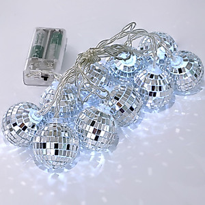 BBTO 10 Pcs LED Disco Ball String Light 2 Inch Battery Powered Mirror Ball Ornaments 70s 80s 90s Disco Party Supplies(Silver)