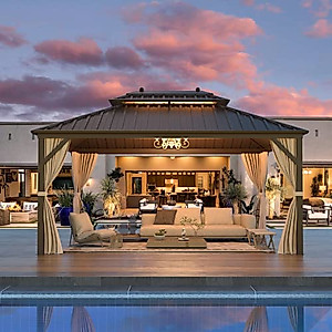 EROMMY 10'x13' Hardtop Gazebo Double Roof Galvanized Steel Canopy Outdoor Aluminum Frame Permanent Metal Pavilion with Netting and Curtains for Patio Backyard Deck and Lawns