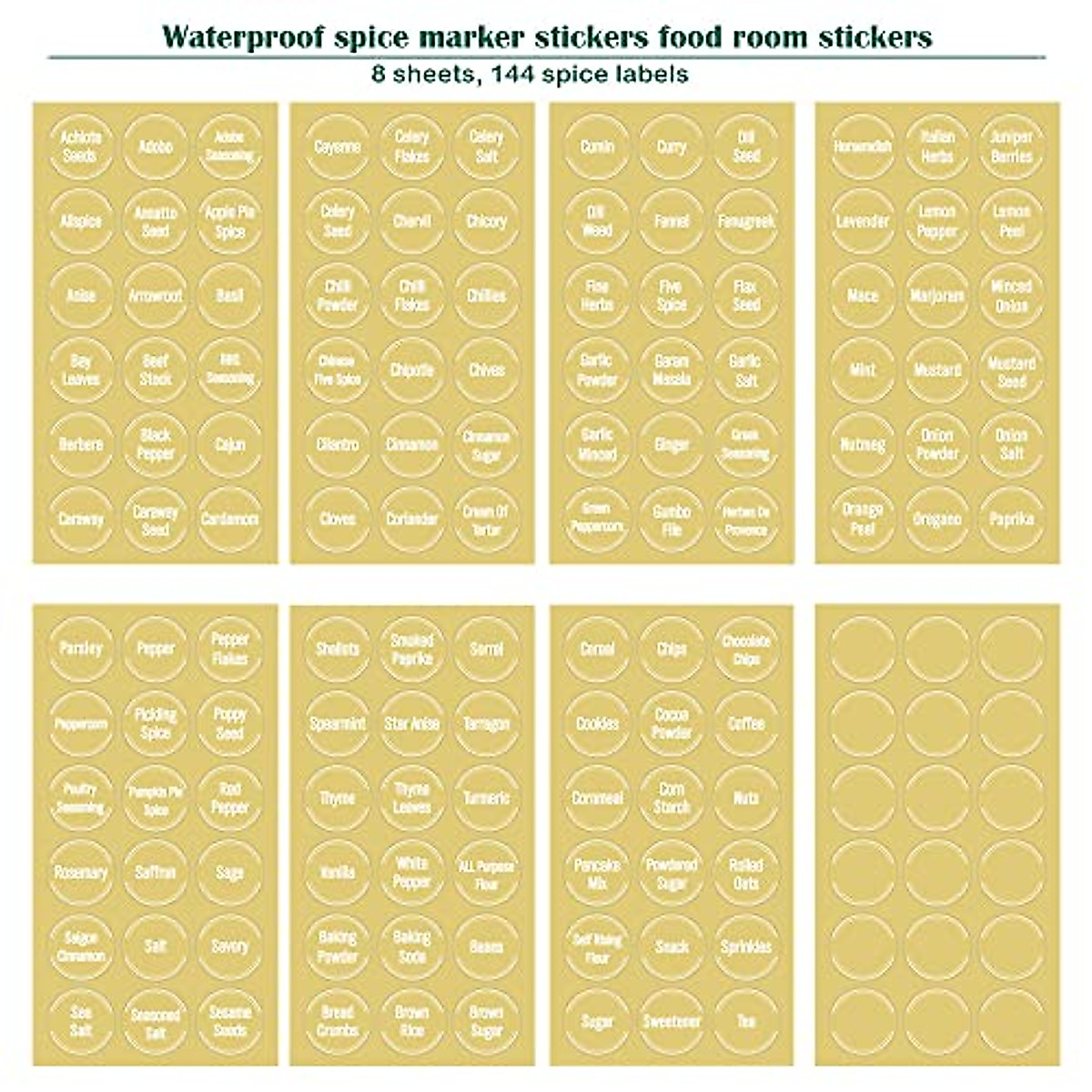 144 Pcs Transparent Spice Labels, Numbers for Jar Organization, Food Labels Waterproof Kitchen Seasoning Names Label, Preprinted White Letters Pantry Stickers (Transparent)