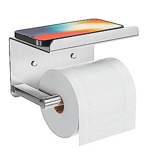 Adhesive Toilet Paper Holder with Phone Shelf, Wall Mounted Toilet Paper Roll Holder, Rustproof Bathroom Tissue Roll Holder with Shelf, Sticky Toilet Paper Roll Holder- Silver