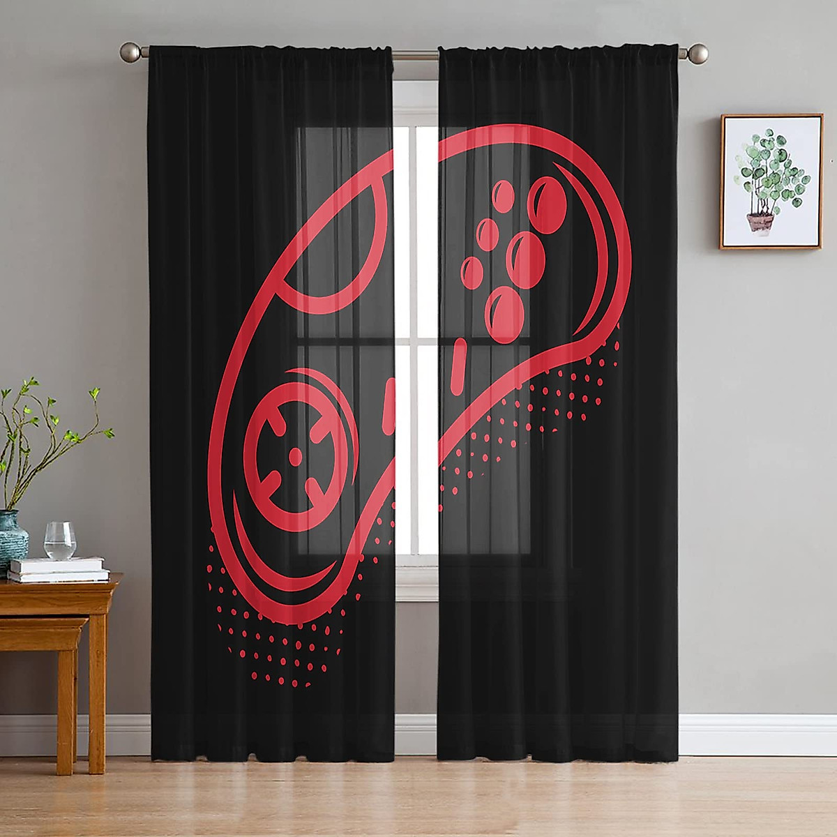 Video Game Window Semi Sheer Curtains for Bedroom Living Room, Red Gamepad Games Controller Gamer Black Rod Pocket Chiffon Voile Sheer Drapes Curtain 72 Inch Length 2 Panels Set