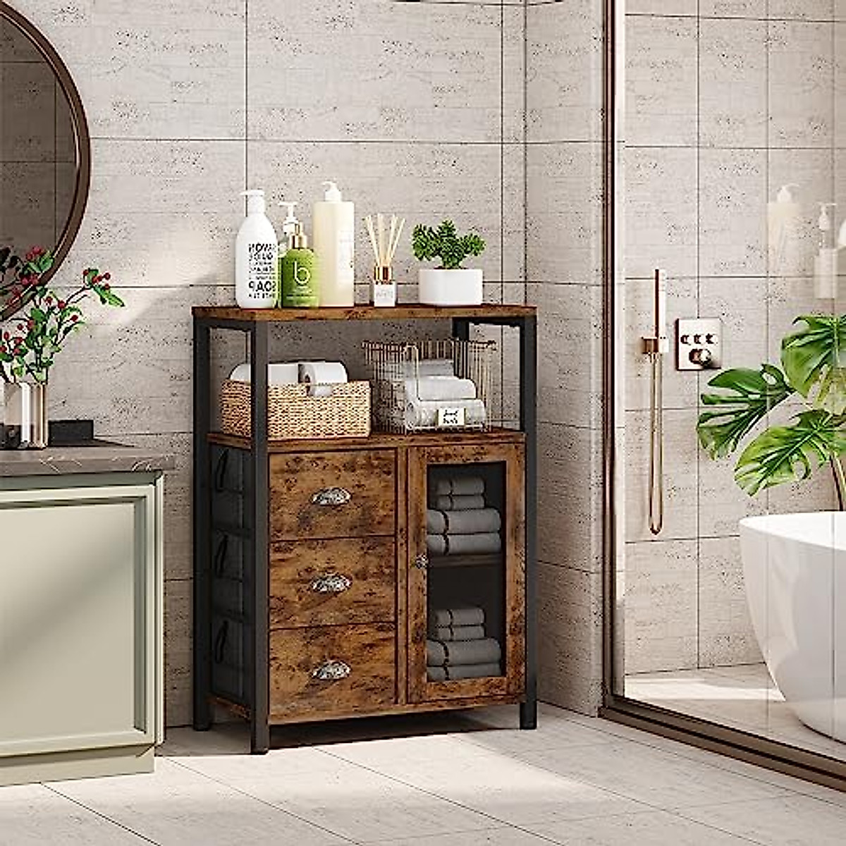 Homeiju Storage Cabinet, Bathroom Storage Cabinet Organizer with 3 Removable Drawers and 1 Door, Industrial Floor Storage Cabinet for Kitchen, Living Room, Bathroom, Home Office