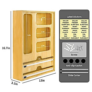 Klokliv Bamboo Ziplock Bag Storage Organizer with Sliding Lid,Foil and Plastic Wrap Organizer, Bamboo Aluminum Foil Dispenser With Cutter, 6 In 1 Sandwich Bag Organizer