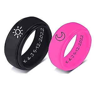 YUNGELX Customize Best Friend Ring for 2 Silicone Sun Moon Couple Ring 8MM Black + Rose Pink Breathable Silicone Rubber Step Edge Dome Comfort Fit Wedding Band Promise Engagement Rings Set