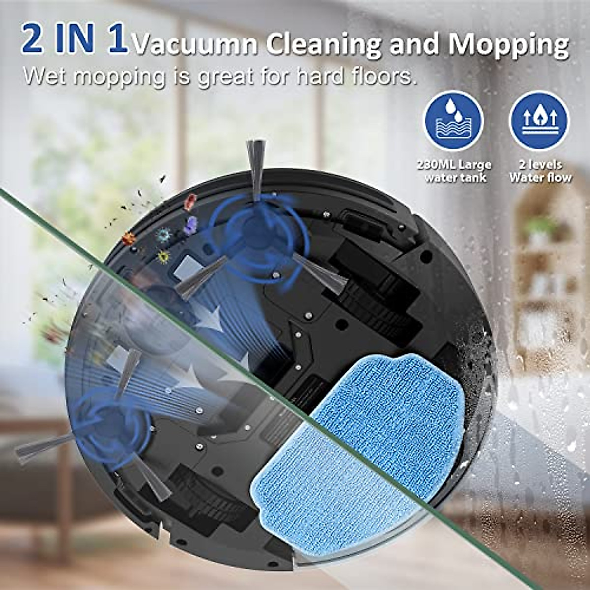 Robot Vacuum and Mop Combo, 2 in 1 Mopping Robot Vacuum Cleaner with Schedule, Wi-Fi/App/Alexa, 2000Pa Max Suction, Self-Charging Robotic Vacuum, Slim, Ideal for Hard Floor, Pet Hair, Low-Pile Carpet