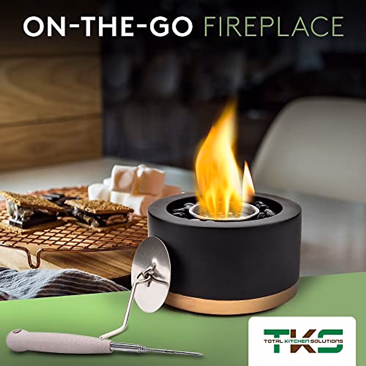 TKS Tabletop Fire Pit Indoor and Outdoor Use Fireplace with 4 Skewers Mini Personal Fire Pit Great for Roasting Marshmallows (Black/Gold)