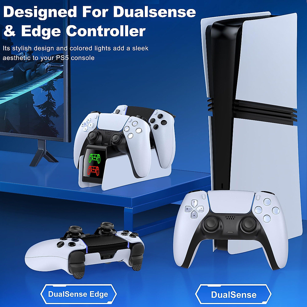 PS5 Controller Charging Station, PS5 Charging Dock Compatible with PlayStation 5 Faceplates Edge & Dual Controller, PS 5 Accessories Charging Dock Stand with LED Indicators & Charging Cable