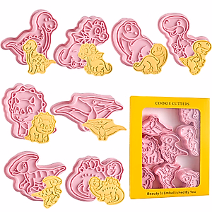 Dinosaur Cookie Cutters Set, 8 Pcs Plastic Dino Cookie Cutters - 3D Cartoon Cookie Candy Food Fondant Pie Cutters Stampers Molds for DIY Biscuit Cheese Baking