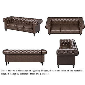 MGH 84'' PU Faux Leather Chesterfield Sofa, Mid-Century 3 Seats Top Grain Living Room Couch, Deep Button Tufted Modern Sofas Couches with Rolled Arm Settee for Bedroom, Brown (110PU)