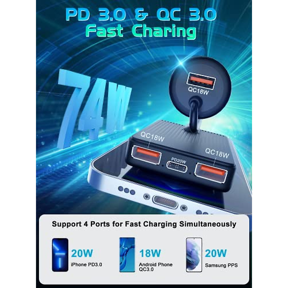 Car Charger USB C, 74W Fast USB Car Charger Adapter with PD 3.0/QC3.0 Type C Car USB Charger Multi Port with 6.3FT Cable for Front & Back Seat Fast Charging Compatible with iPhone, Samsung, IPad ect