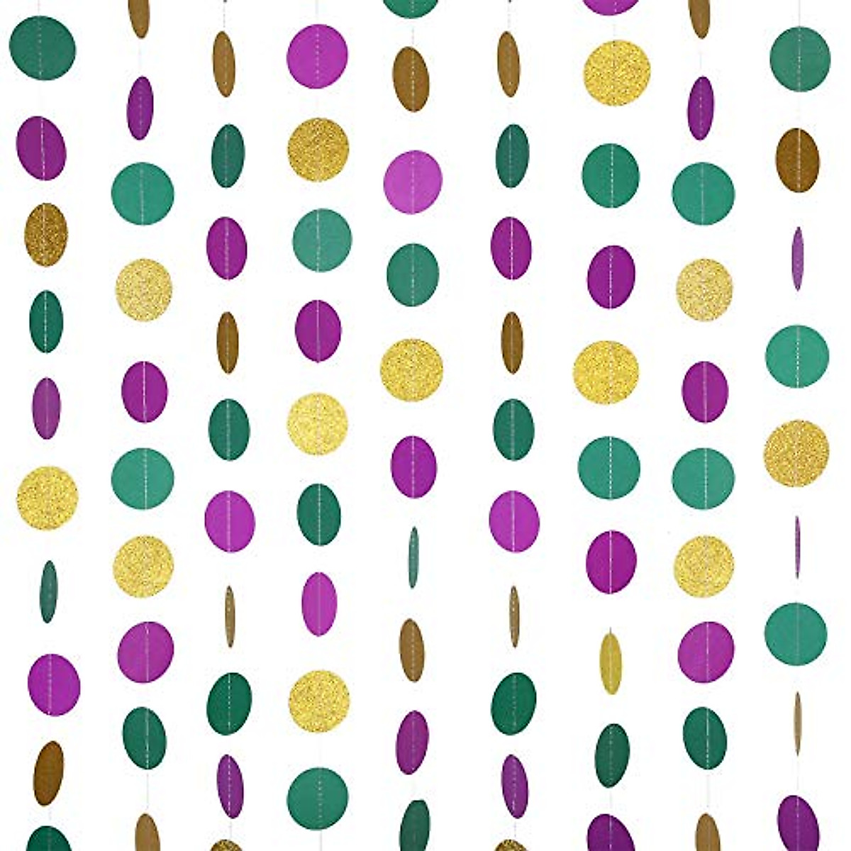 10 Pack Mardi Gras Paper Garland Glitter Circle Dot Hanging Party Garland Paper Banner Decor for Carnival Winter Xmas New Year Wedding Birthday Party Valentine Decor, 131 Feet (Gold, Purple, Green)