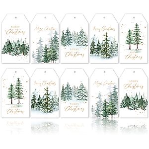 Whaline 120Pcs Christmas Paper Gift Tags Watercolor Christmas Tree Tags Gold Foil with Hemp Rope Merry Christmas Holiday Hanging Labels Gift Tags for Xmas Winter DIY Gift Party Favor Decor, 5 Designs