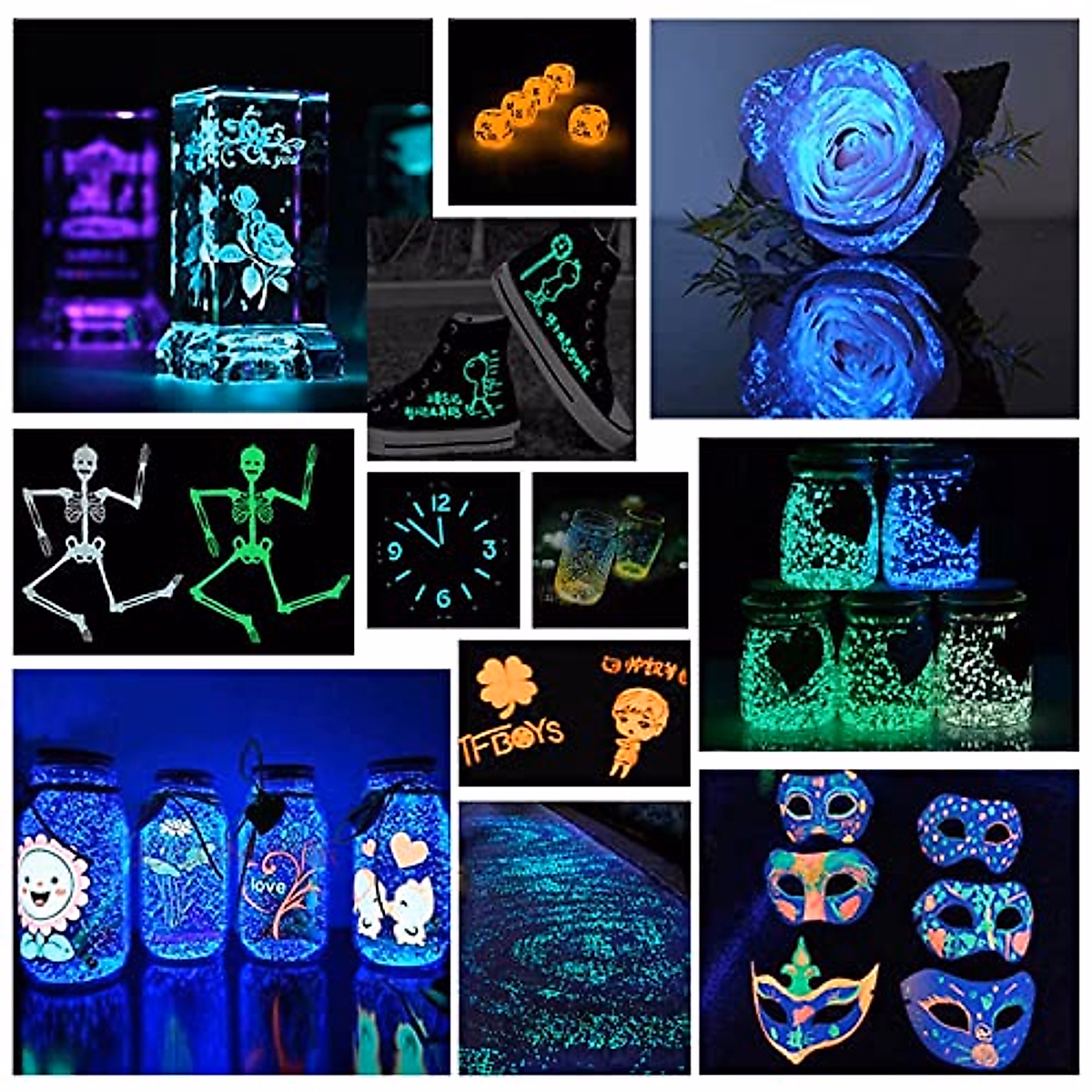 Glow in The Dark Powder 12 Colors Epoxy Resin Dye Luminous Pigment Safe Long Lasting for Fine Art, DIY Nail Art, Colorant, Acrylic Paint, DIY Crafts and Theme Party, 0.7oz Each