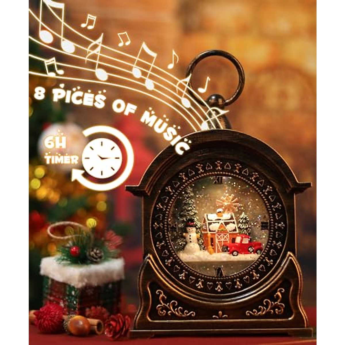 Snowman Red Truck Clock Christmas Snow Globe Lantern-Glittering Light Up Musical Snow Globe Christmas Decorations, 6H Timer, USB & Battery Operated, Christmas Indoor Home Décor