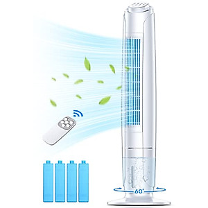 43-INCH Air Conditioner Portable for Room, BREEZEWELL Evaporative Air Cooler, 60° Oscillating Cooling Fan w/Remote, 12H Timer, 3 Speeds, 4 Ice Packs, Windowless Swamp Cooler for Bedroom Home Office