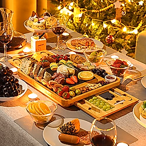 Easoger Large Charcuterie Board (28"×13"×1.6") with 2 Drawers, Bamboo Cheese Board with Knife Set, 2 Ceramic Bowls, Cutting Protection Natural Slate and Non-slip Feet, ideal for Housewarming Gift