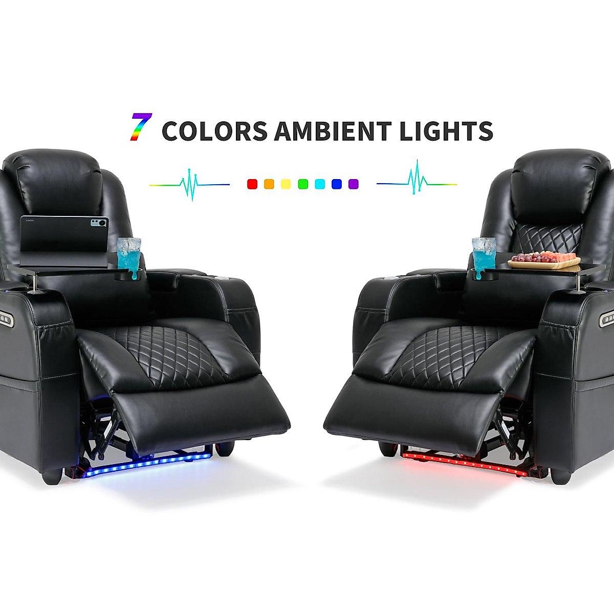 Airadlis Home Theater Seating Seats, Game Movie Theater Chairs Theater Recliner Sofa with 7 Colors Ambient Lighting, Lumbar Pillow, Side Pocket, Tray Table, Power Recline, Black
