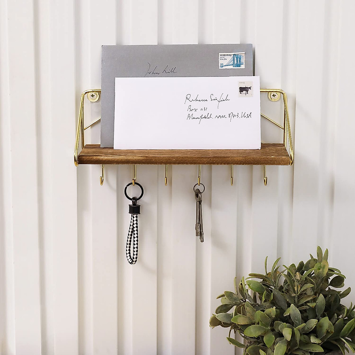 MyGift 12.4 Inch Brass Wall Key Holder Organizer Rack, Decorative Wall-Mounted Entryway Floating Wood Shelf with 6 Key Hooks