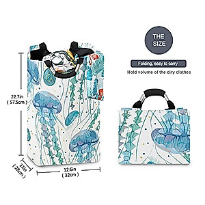 susiyo Teal Jellyfish Laundry Hamper Collapsible Laundry Basket Organizer Freestanding Waterproof Round Storage Bin for Bedrooms Nursery Dorm Clothes Toys Books