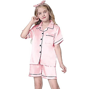 Silk Pajamas for Women, 2 Pcs Comfy Sleepwear Short Sleeve Button Down Sexy Satin Summer Soft Pjs Set, Pink, Medium