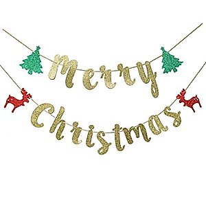 Merry Christmas Glitter Gold Burlap, Reindeer Banner, Christmas Party Favors (Gold)